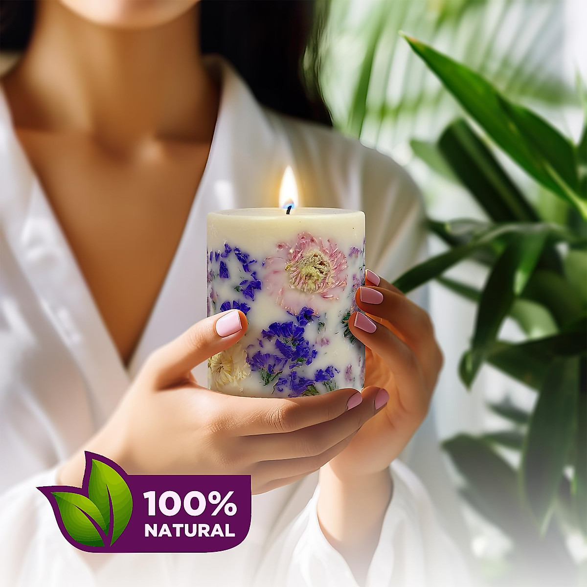 Vionami Gifts for Women Scented Pillar Candle - Long Burning Natural Soy Wax Scented Candle for Home - Gift-Boxed Hand Poured Luxury Candle with Dried Flowers & Tropical Rare Flower Scent (Forget Me)