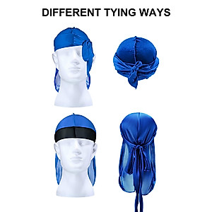 2 Pieces Silky Satin Baby Durags Kids Satin Durag Caps Headwraps with Long Tail and Wide Straps for 360 Waves (Black, Royal Blue)