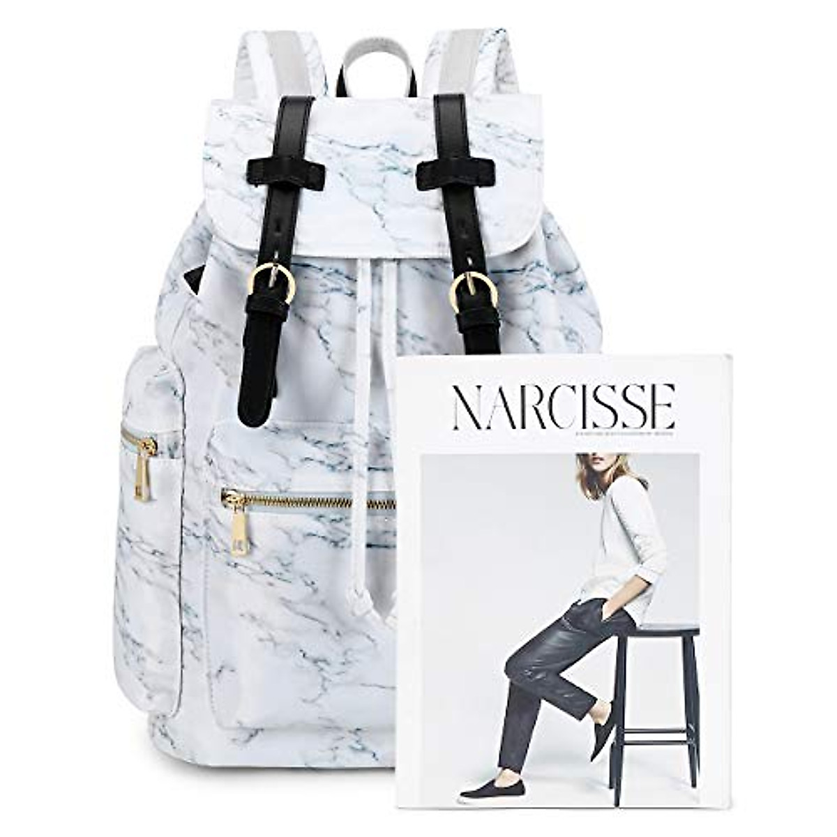 Travel Laptop Backpack for Women and Mens School College Bookbag for Notebook with Trolley Sleeve on Suitcase (Marble white)