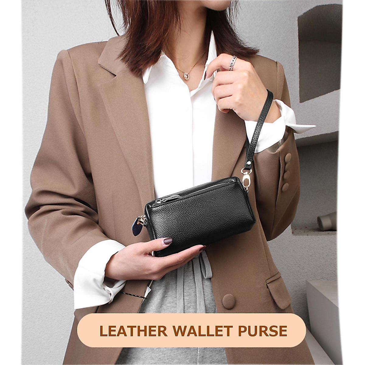 Genuine Leather Wristlet Clutch Wallet Purses for Women Small Crossbody Bags 7 Inch Shoulder Handbag 2 Straps, Coffe