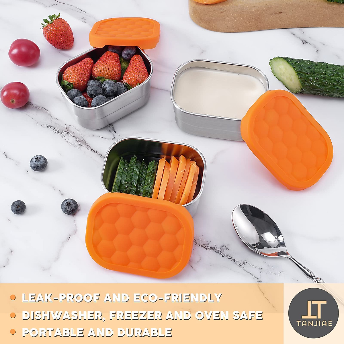 Tanjiae Bundle - 2 Items Stainless Steel Snack Containers for Kids | Easy Open Leak Proof Small Food Containers with Silicone Lids