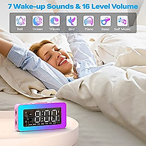 Super Loud Alarm Clock for Heavy Sleepers Adults, Teenagers, Teens, Kids, Digital Alarm Clock with 8 RGB Night Lights, 0%-100% Dimmable, Sleep Aid, Dual Alarms, Snooze, USB Charger, Ideal for Gift