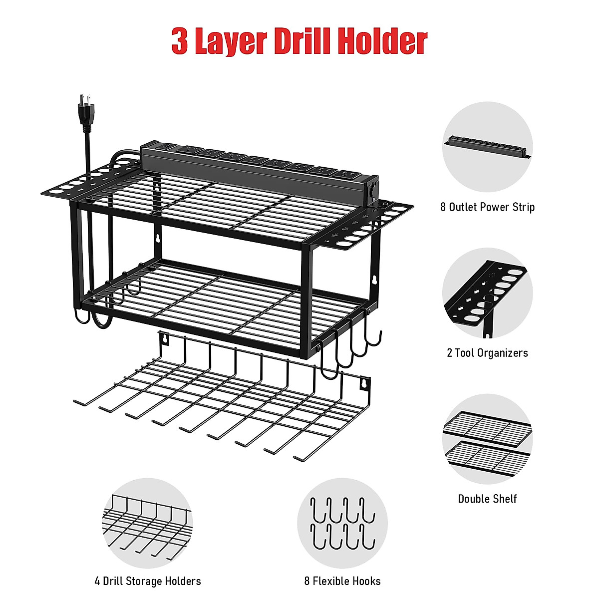 JUNNUJ Tool Organizer with Charging Station, 3 Layers Wall Mount Garage Tools Storage with 8 Outlets Power Strip, 4 Drills Holder Battery Heavy Duty Metal Shelf, Utility Rack with Hooks, Black