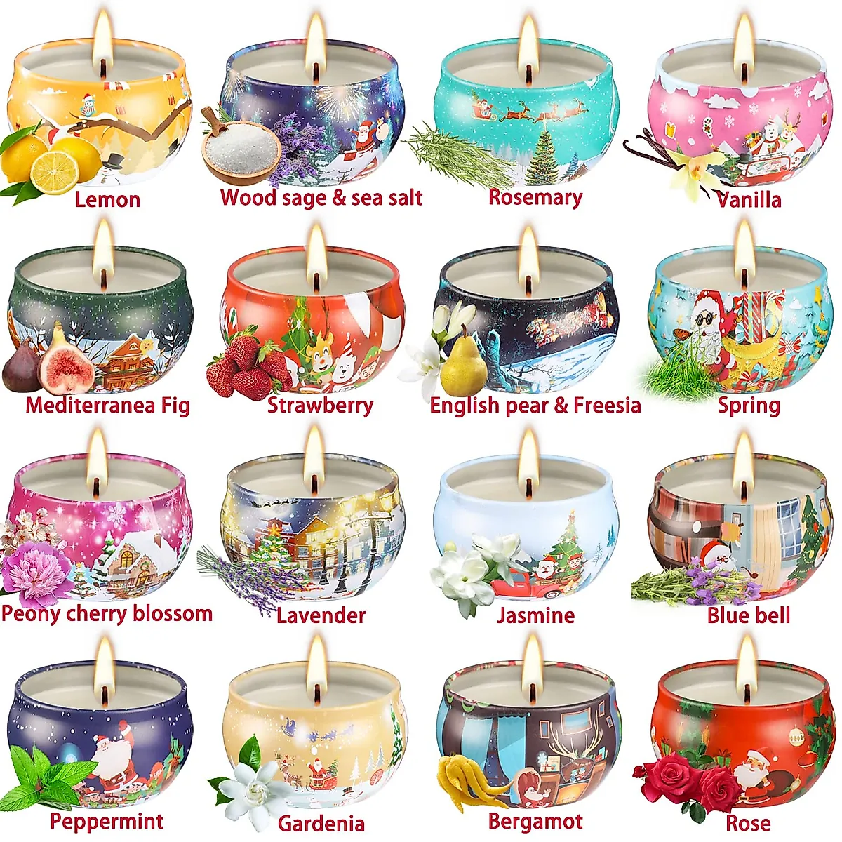 Christmas Scented Candles for Home Scented, Scented Candles Gift for Women, Soy Wax 2.5oz Portable Travel Tin Jar Aromatherapy Candles for Birthday Valentine or Mother’s Day, Gift Boxed Pack of 16