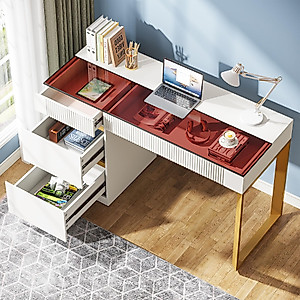 Tribesigns Computer Desk with 4 Drawers, 47 Inch Modern Home Office Desk with Glass Top, White and Gold Writing Workstation Desk with Storage, Makeup Vanity Table for Living Room, Bedroom