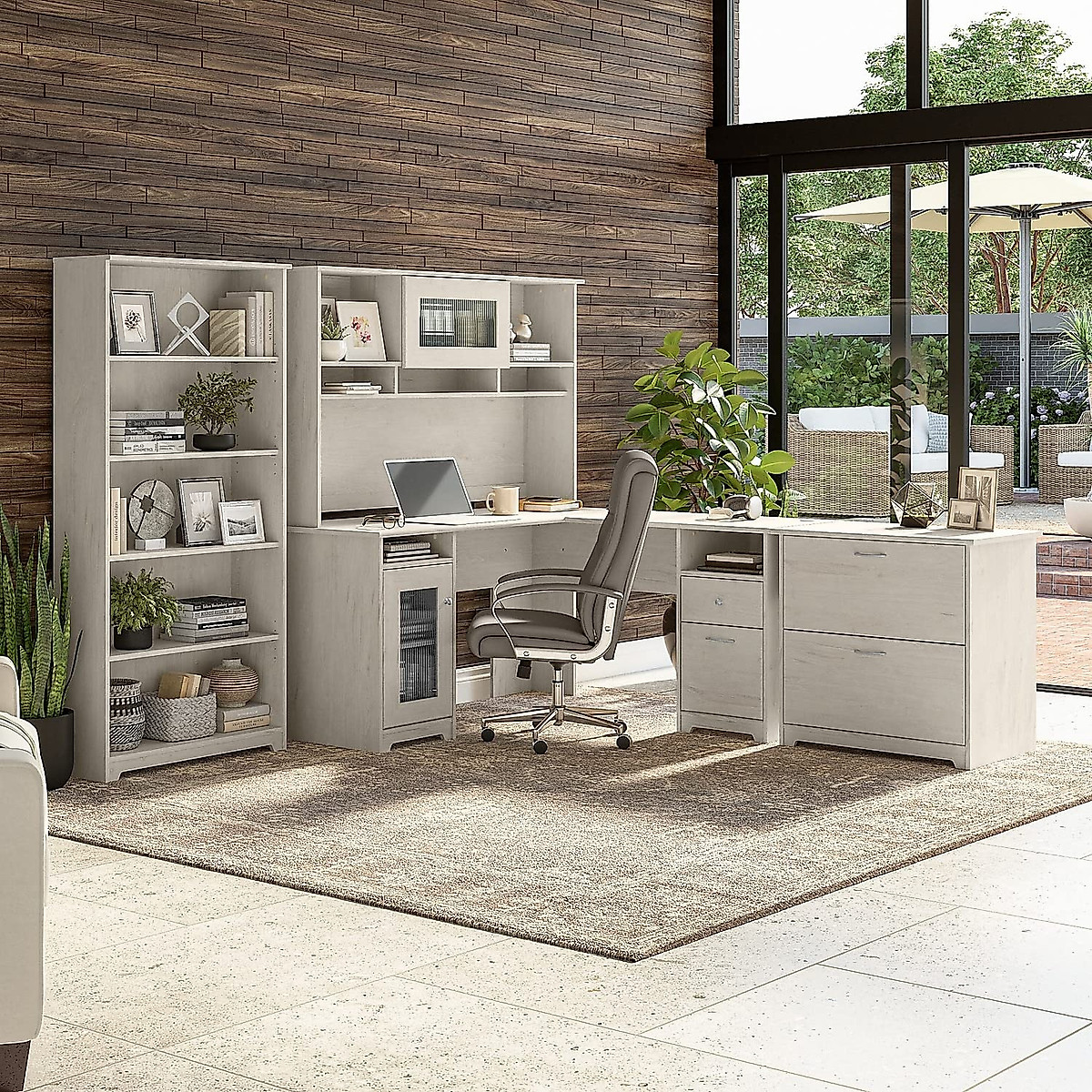 Bush Furniture L Shaped Desk with Hutch, 5 Shelf Bookcase and Lateral File Cabinet | Cabot Collection Corner Computer Table with Storage and Bookshelf | 60Wx23DX37W