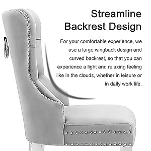 Creek Vista Velvet Dining Chairs Set of 2, Upholstered Tufted Dining Room Chairs, Stylish Stainless Steel Legs Chairs for Dining Room with Ring Pull, Grey