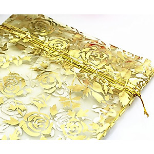 QIANHAILIZZ 100 Pack 7 x 9 Inch Drawstring Flower Heart Bags Organza Jewelry Gift Pouch Candy Pouch Drawstring Wedding Favor Bags (Gold Flower)