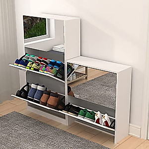 GLS Floor Standing Full Length Mirror Shoe Cabinet,5 Tier Closet Shoe Organizers for Living Room,White