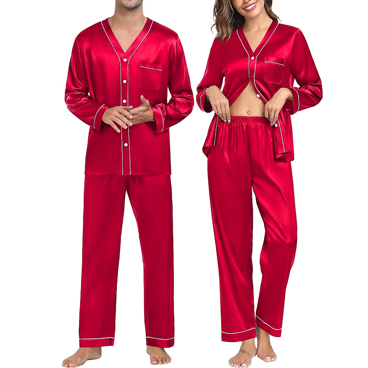 SWOMOG Satin Couples Matching Pajamas Set Silk Long Sleeve Sleepwear Nightwear Loungewear Red