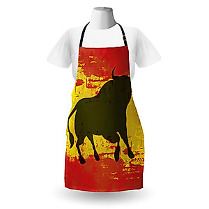 Ambesonne Spanish Apron, Bull Silhouette on Spanish Flag Grunge National Elements Paint Stains, Unisex Kitchen Bib with Adjustable Neck for Cooking Gardening, Adult Size, Vermilion Yellow