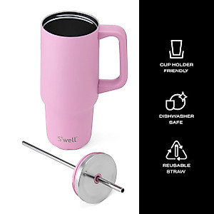 S'well Recycled Stainless Steel Tumbler XL with Straw and Handle, 30oz, Hydrangea Pink, Triple Layered Vacuum Insulated Containers Keeps Drinks Cold for 36 hours and Hot for 9