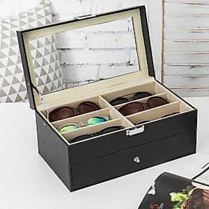 MyGift Deluxe Black Sunglass Storage Case - 12 Slot Eyewear Display Box with Glass Lid and Leatherette Trim