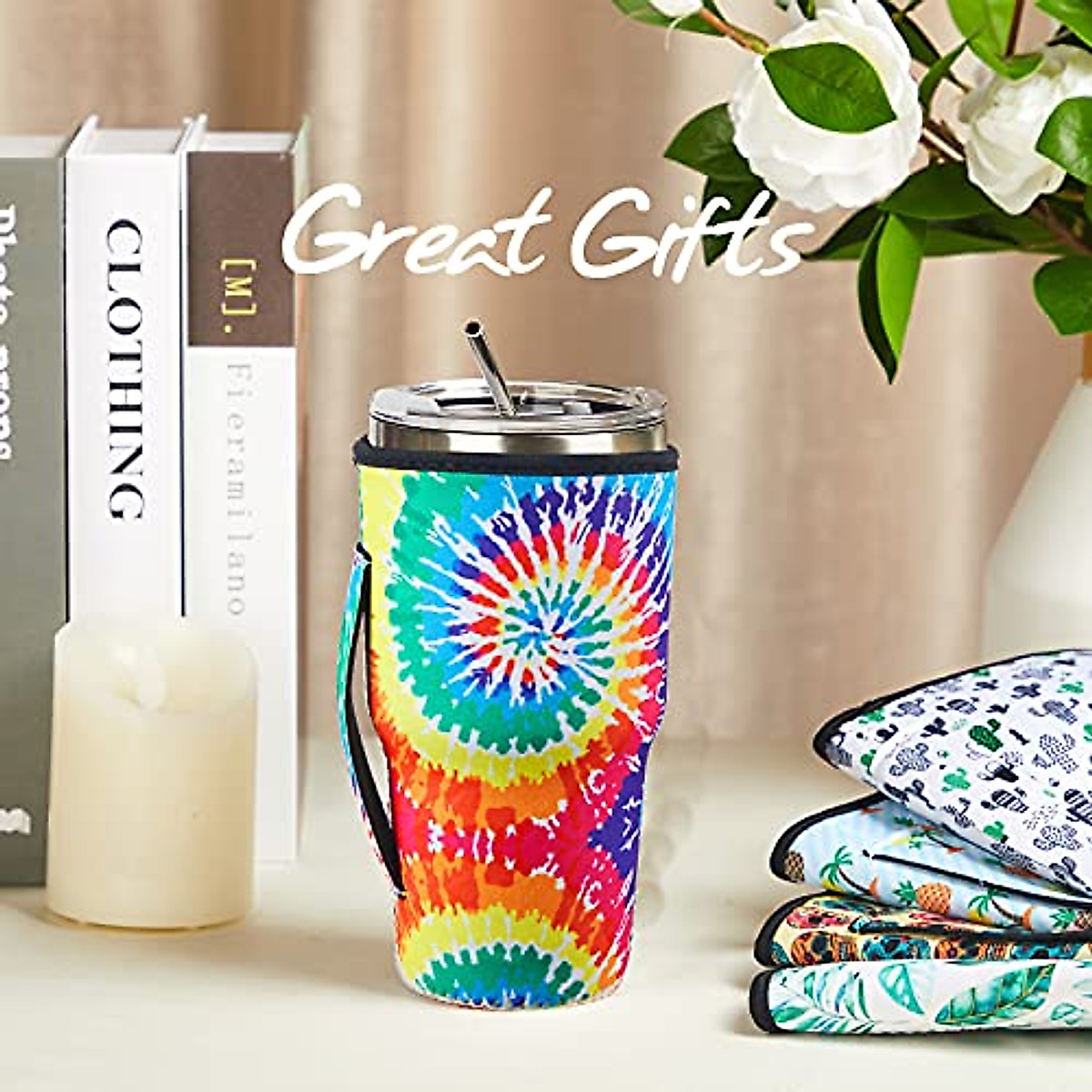 24 Pieces Iced Coffee Cup Sleeves Reusable Iced Coffee Cup Cover Neoprene Insulated Cup Sleeves Drinks Sleeve Holder for 30-32 oz Iced Coffee Cup Cold Hot Beverages Drinks, 24 Styles