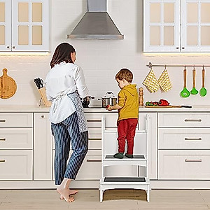 TLGREEN Kids Kitchen Step Stool, Wooden Toddler Tower Kitchen Helper, Toddler Step Stool, Montessori Learning Tower with Support Handles and Non-Slip Mat for Kitchen, Bedroom, White