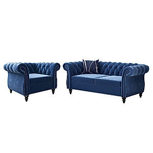 QHITTY 2 Piece Living Room Set, Sectional Chesterfield Sofa Chair Contemporary Upholstered Velvet Loveseat Couch Sets for Living Room, Bedroom, Office