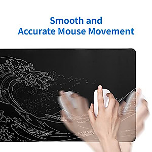 Japanese Sea Wave Large Mouse Pad, Anime Black Gaming Mouse Pad Extended Kanagawa Mouse Mat Desk Pad, 3mm Thick Long Non-Slip Rubber Base Mice Pad, 31.5 X 11.8 Inch