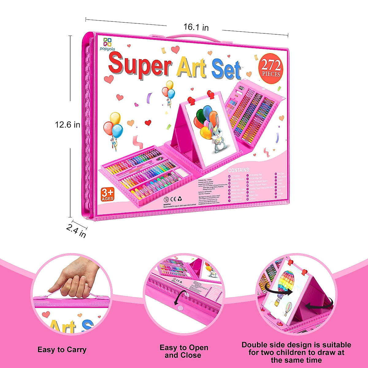 Art Supplies, 272 Pack Art Set Drawing Kit for Girls Boys Teens Artist, Deluxe Gift Art Box with Trifold Easel, Origami Paper, Coloring Book, Drawing Pad, Pastels, Crayons, Pencils, Watercolors(Pink)