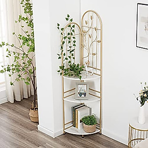 GOLASON Gold Corner Shelf with Storage, 3-Tier Tall Corner Bookshelf, Distinctive Plant Stand Flower Rack, Free Standing Display Shelving Unit for Living Room Kitchen Balcony (Gold and White)