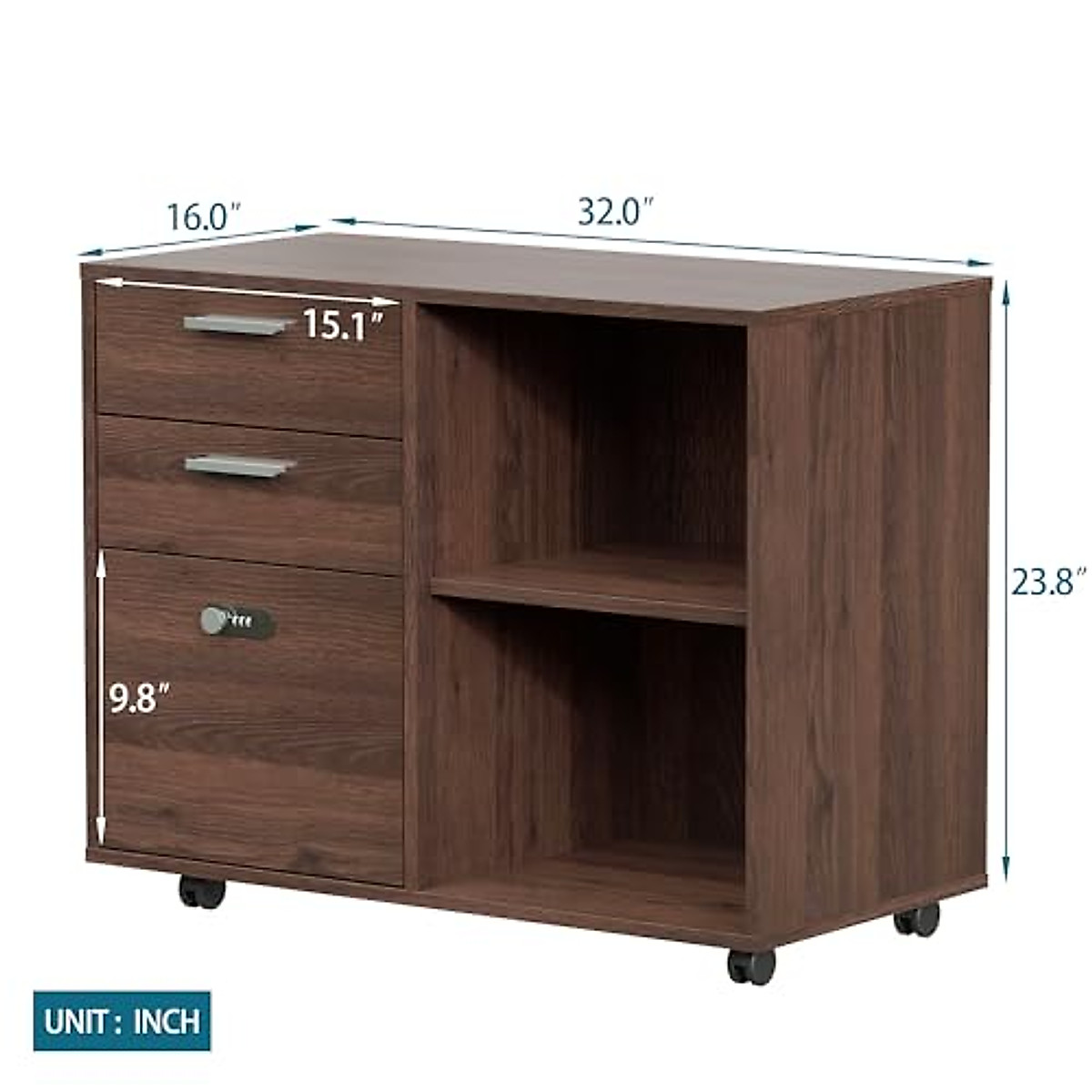 Wood File Cabinet with Coded Lock, File Cabinet for Home Office, Office Storage Cabinet with 3 Drawers and Open Storage Shelves, Filing Cabinet with Wheels, Brown Oak