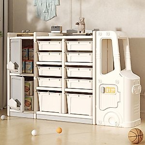 Runboll Toy Storage Organizer Bookshelf Multipurpose Toys Organization Chest Car with 10 Bins 2 Cabinets and 2 Shelves for School, Bedroom, Playroom or Nursery