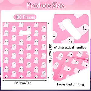 JarThenaAMCS 100Pcs Halloween Party Favor Bags Pink Ghost Halloween Treat Bags Plastic Candy Goodies Bags with Handles Party Favor Bags for Trick or Treat Party Birthday Baby Shower Wrapping Supplies