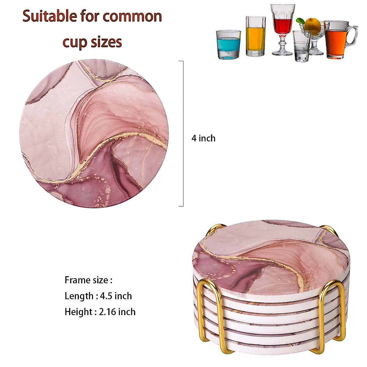 Warmroom Absorbent Pink Marble Ceramic Coasters for Drinks with Gold Holder and Cork Base Set of 6 Round Decorative Tabletop Protection for Coffee Table Bar Kitchen Home and Dining Room