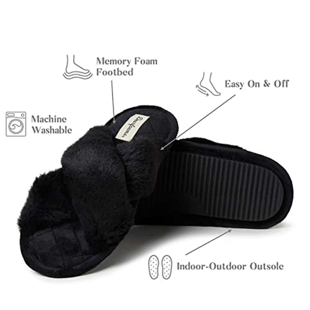 Dearfoams womens Jessica Furry Cross Band Slide Slipper, Black, Large US
