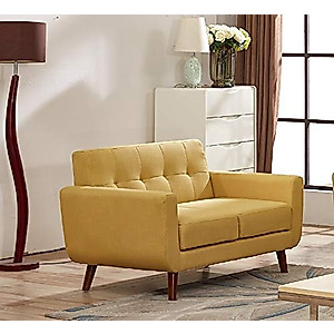 Container Furniture Direct Jenny Linen Uphostered Mid-Century Modern Button Tufted Living Room Loveseat, Mustard Yellow