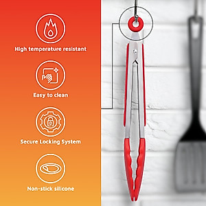POPCO Tongs for Cooking - Set of 3 (7, 9, 12 inches) - Heavy Duty, 304 Stainless Steel BBQ and Kitchen Tongs with Silicone Tips (3 COLORS AVAILABLE)