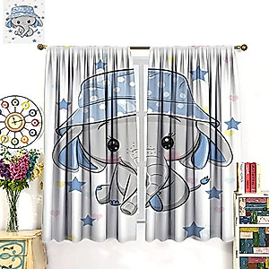 Denruny Cartoon Cute Elephant Curtain Nursery Baby Elephant with Blue Hat Windows Drapes for Nursery Room Kids Room Gifts for Boys and Girls Rod Pocket 2 Panels 63L x 21W