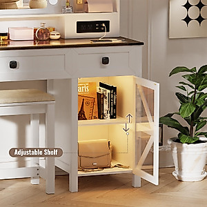 MIIFUNY Farmhouse Makeup Vanity Desk with Mirror and Lights, 42" Glass Top Vanity with Charging Station, Rustic Vanity Table Set with 2 Drawers & Shelves & Cabinet, Dressing Table for Bedroom, White