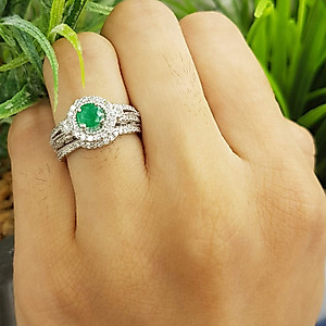 Dazzlingrock Collection 14k Round Emerald & White Diamond Women Halo Bridal Engagement Ring Set, White Gold, Size 5.5