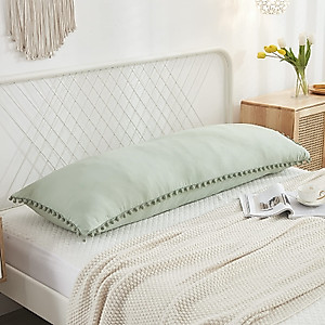 MOVE OVER Sage Green Body Pillow Cover 20x54 Inches Cute Pom Poms Decorated Body Pillow Cover Soft Washed Microfiber Boho Body Pillow Cover with Pocket Closure, Pack of 1