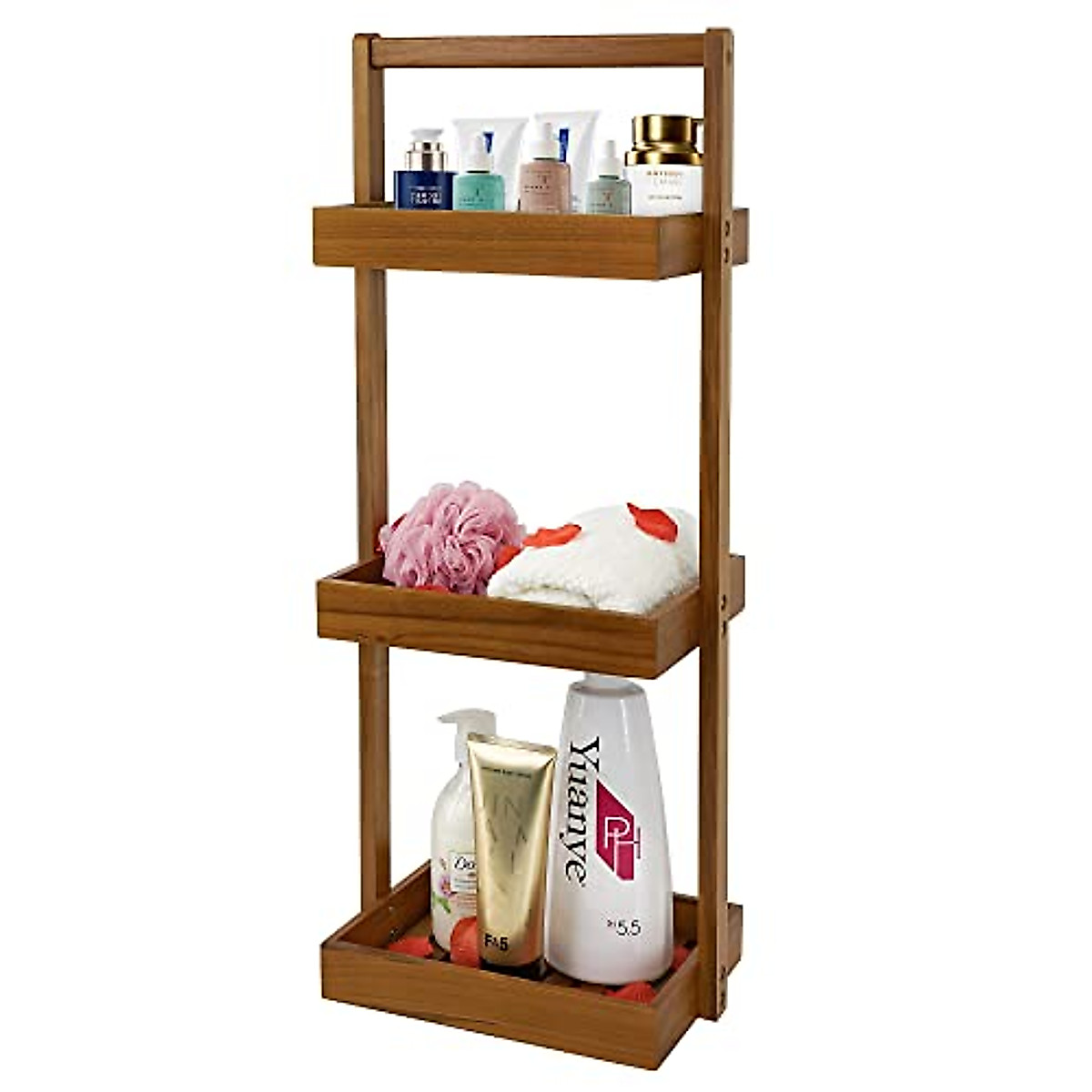 Utoplike Teak Wood Shower Caddy Corner, 3 Tier Standing Shower Organizer with Handle, Bathroom Stand Up Shower Shelf Caddy Basket for Shampoo, Rack for Inside Shower, for Bath, Office, Kitchen Desktop