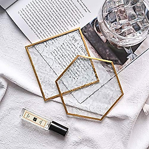 Glass Gold Coasters for Drinks, 6 Pcs Cup Coaster Set with Carved Glass Stylish for Coffee Tea Wine Coasters for Bar with Brass Edge Hexagon and Square Coasters Home Decor