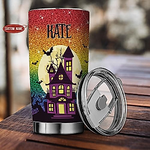 LIZZHOME Personalized Halloween Tumbler Witches 20 oz Travel Coffee Mug, Rainbow Glitter Haunted House Coffee Cups Halloween for Friends, Family, Fall & Halloween Tumbler