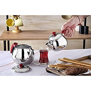 DESTALYA Turkish Teapot Set, Stainless Steel Double Tea Pots for Stove Top, Tea Maker with Strainer, Samovar Style Tea Kettle, Water Heater Warmer (Mini with Red Handles)