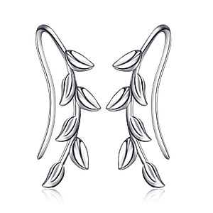 Ear Climber Crawler Cuff Sterling Silver Leaf Earrings for Women,Wrap Earrings Hypoallergenic (leaf earrings)