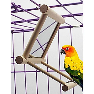 zmgmsmh Birds Toy for Cage,Parrot Hanging Swing with Mirror,Natural Wooden Play Toys, Pet Bird Cage Accessories with Metal Hook