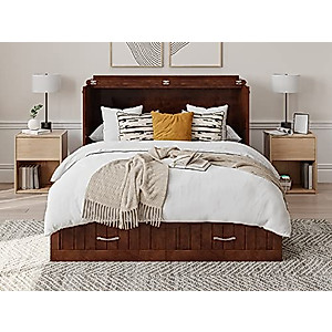 AFI Southampton Full Murphy Bed Chest with Mattress, Storage, and Built-in Charger in Walnut