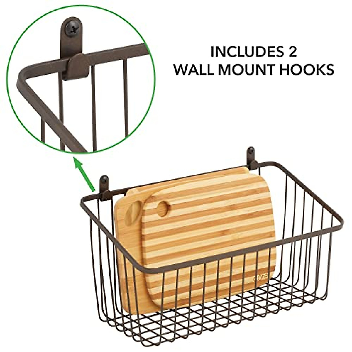 mDesign Metal Wire Wall Mounted Storage Organizer Basket Bin for Kitchen, Bedroom, Bathroom - Mountable Hanging Organization in Pantry, Closet, and Cabinet - Unity Collection - 2 Pack - Bronze