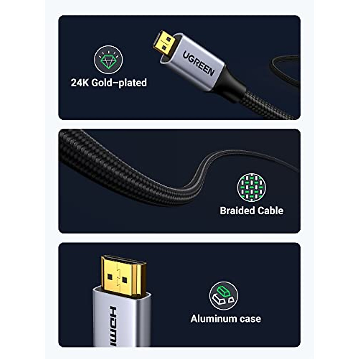 UGREEN 4K Micro HDMI to HDMI Cable 6.6FT, Aluminum Shell Braided High Speed 18Gbps,4K 60Hz HDR 3D ARC Compatible with GoPro Hero 7 6 5 Raspberry Pi 4 Sony A6000 A6300 Camera Nikon B500 Yoga 3 Pro