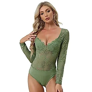 Allegra K Women's Lace Bodysuit Top Long Sleeve Clubwear Sexy V Neck Crotch Leotard Tops Small Green