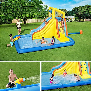 FBITE Inflatable Bouncy Castle, Jumper House Water Pool Slide Activity Center with Water Slide, Climbing Wall, Water Gun and Pool Area for Kids