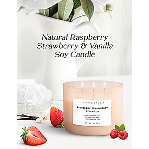 Raspberry Strawberry Vanilla Scented Candles for Home | Natural 3 Wick Soy Candle | Calming Aromatherapy Candle Gift for Women and Men | 15.8 Oz Large Relaxing Candle Highly Scented