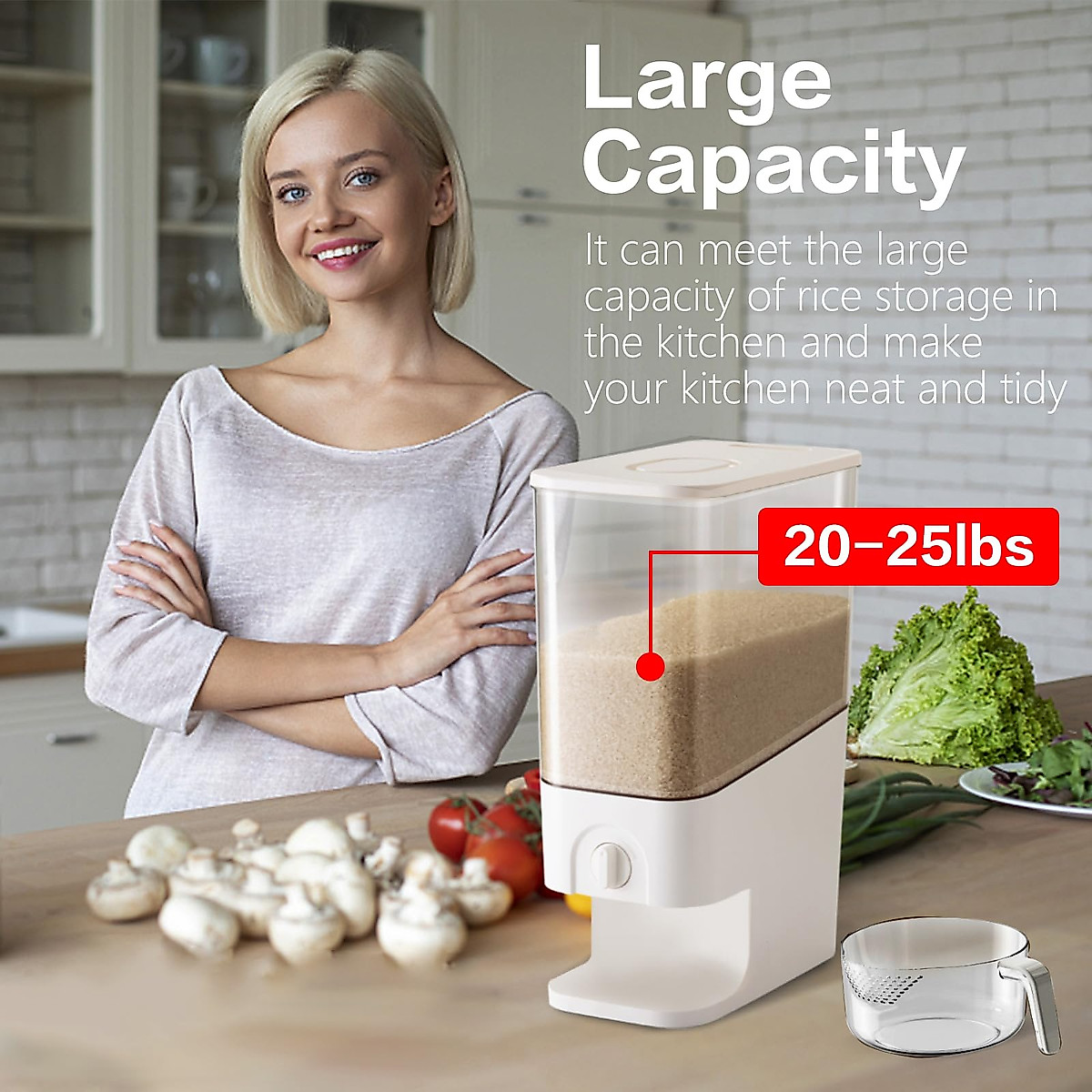 LivLab 22-25lbs Rice Dispenser, 10.5 Qt/10L/25 lbs Grain Storage Container with Measuring Cup Cereal Dispenser Cereal Bucket for Kitchen Pantry Organization