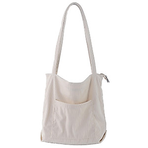 TCHH-DayUp Corduroy Tote Bags for Women with Zipper and Front Pocket Shoulder Handbags Casual Canvas Purse, Begie