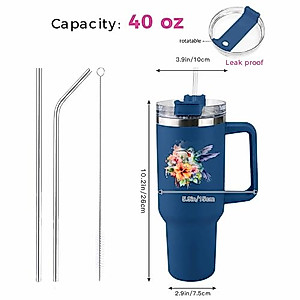 40 ounce insulated cup with handle, double-layer vacuum stainless steel material, equipped with straw, can keep warm or maintain cold drinks Flowers Hummingbird Cowboy Blue