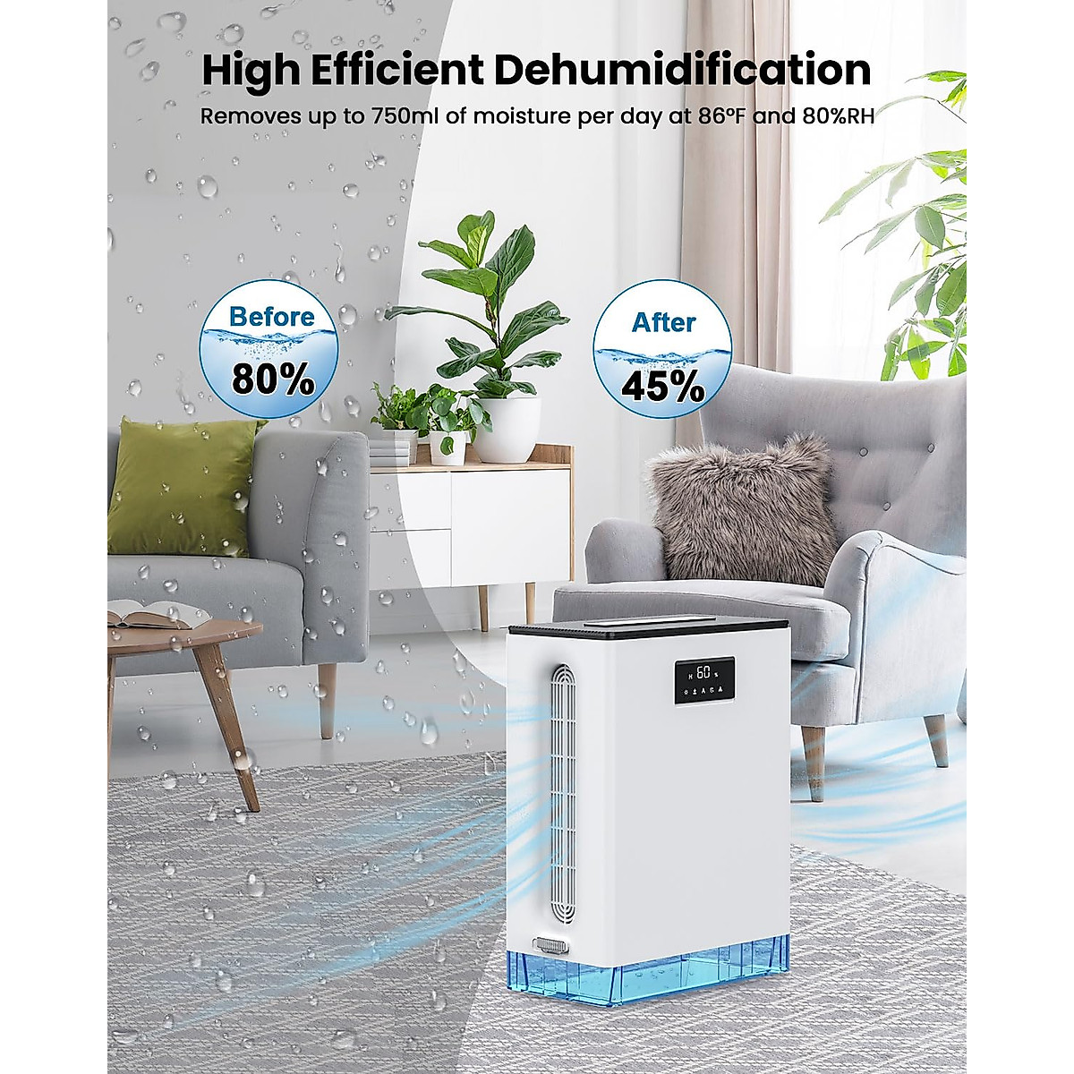 BIZEWO Dehumidifier for Home, Queit Dehumidifiers for Basement, Bathroom, Bedroom with 101 oz Water Tank, Large Room Dehumidifier with 2 Working Mode, Auto Shut Off, 7 Colors LED Light